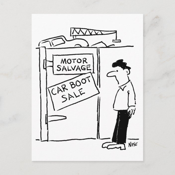 Car Boot Sale at Scrapyard Cartoon Postcard | Zazzle.com