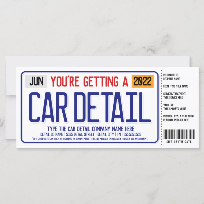 Car Detail License Plate Gift Certificate | Zazzle.com