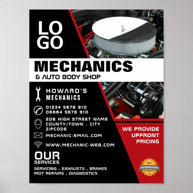 Car Engine, Auto Mechanic & Repairs Advertising Poster | Zazzle