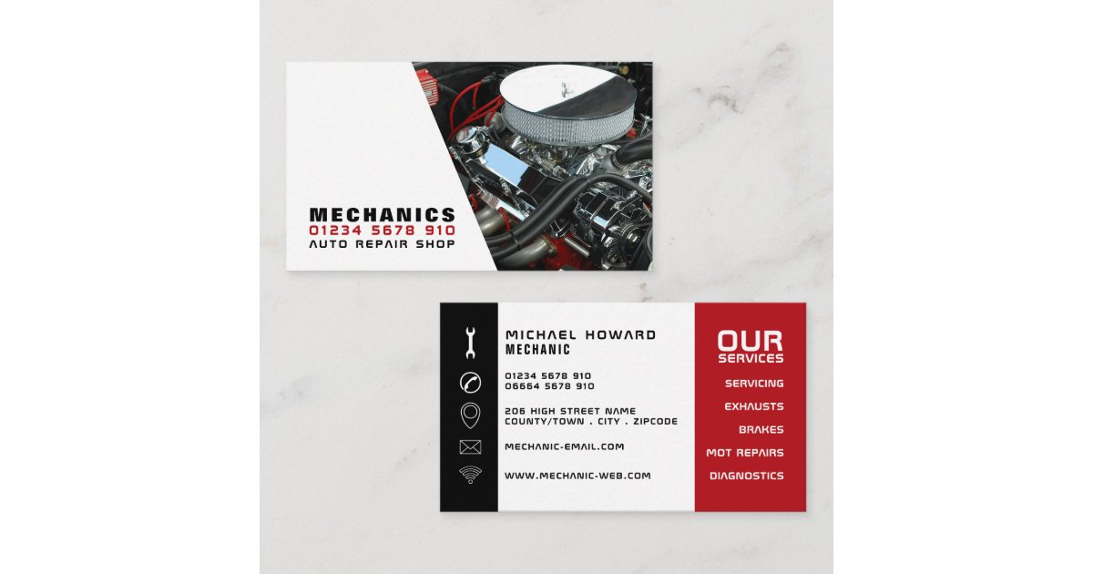 Car Engine, Auto Mechanic & Repairs Business Card | Zazzle