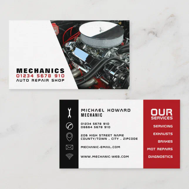 Car Engine, Auto Mechanic & Repairs Business Card | Zazzle