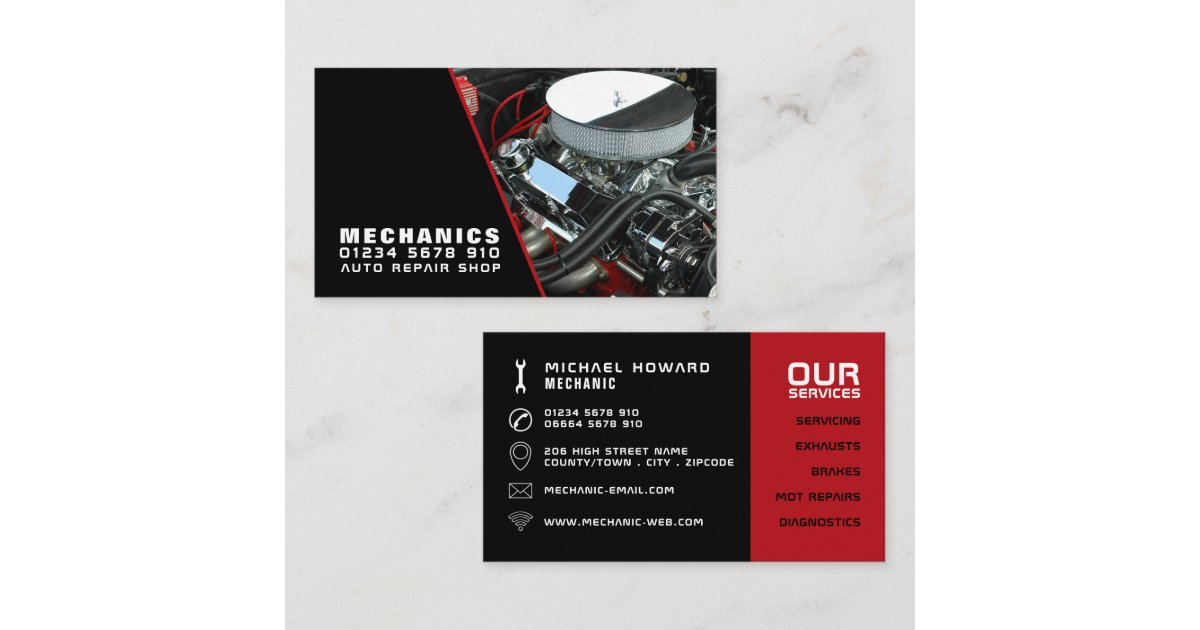 Car Engine, Auto Mechanic & Repairs Business Card | Zazzle