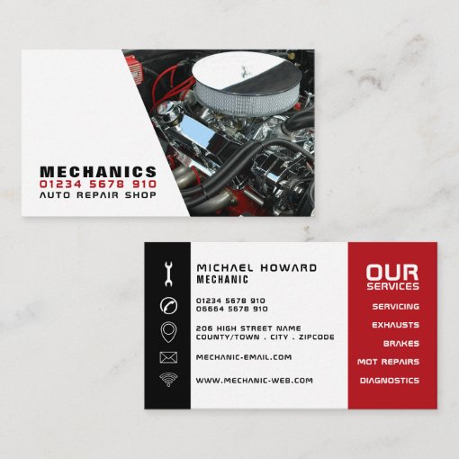 Car Engine, Auto Mechanic & Repairs Business Card | Zazzle
