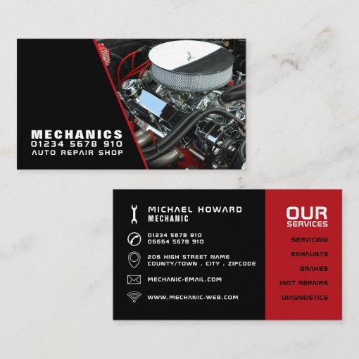 Car Engine, Auto Mechanic & Repairs Business Card | Zazzle