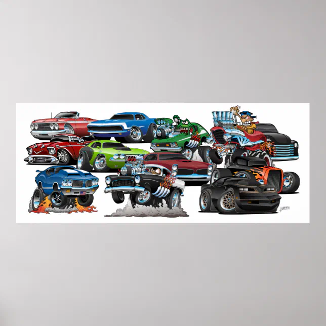 Car Madness! Muscle Cars and Hot Rods Cartoon Poster | Zazzle