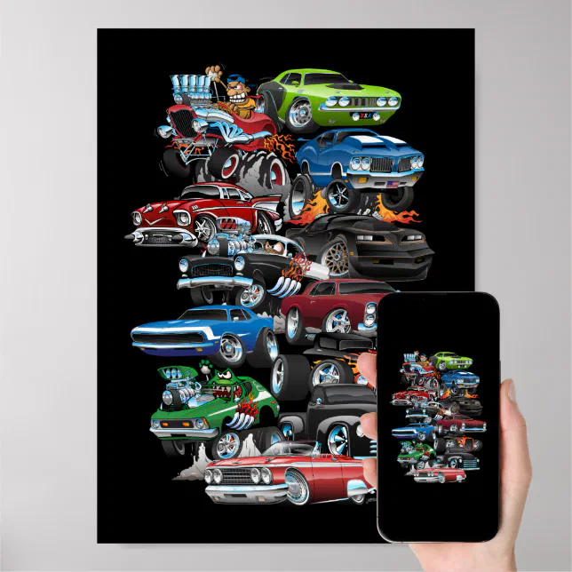 Car Madness! Muscle Cars and Hot Rods Cartoon Poster | Zazzle