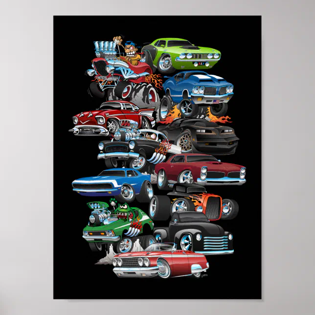 Car Madness! Muscle Cars and Hot Rods Cartoon Poster | Zazzle