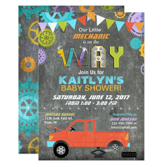 Car Mechanic Gears Tools Chalkboard Baby Shower Invitation | Zazzle.com