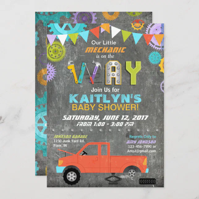Car Mechanic Gears Tools Chalkboard Baby Shower Invitation | Zazzle