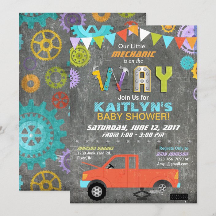 Car Mechanic Gears Tools Chalkboard Baby Shower Invitation | Zazzle.com