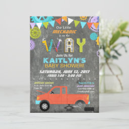 Car Mechanic Gears Tools Chalkboard Baby Shower Invitation | Zazzle