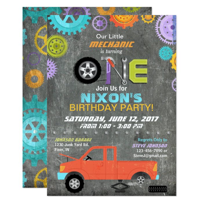 Car Mechanic Gears Tools Chalkboard Birthday Invitation | Zazzle.com