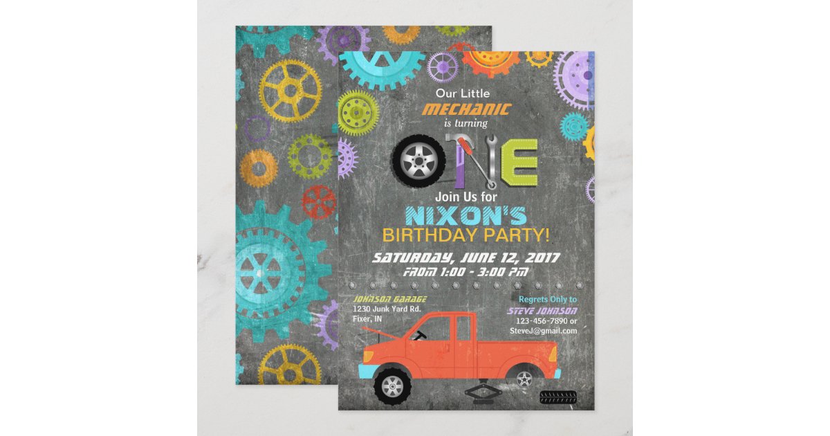 Car Mechanic Gears Tools Chalkboard Birthday Invitation | Zazzle