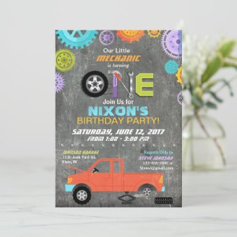 Car Mechanic Gears Tools Chalkboard Birthday Invitation | Zazzle