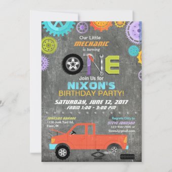Car Mechanic Gears Tools Chalkboard Birthday Invitation | Zazzle
