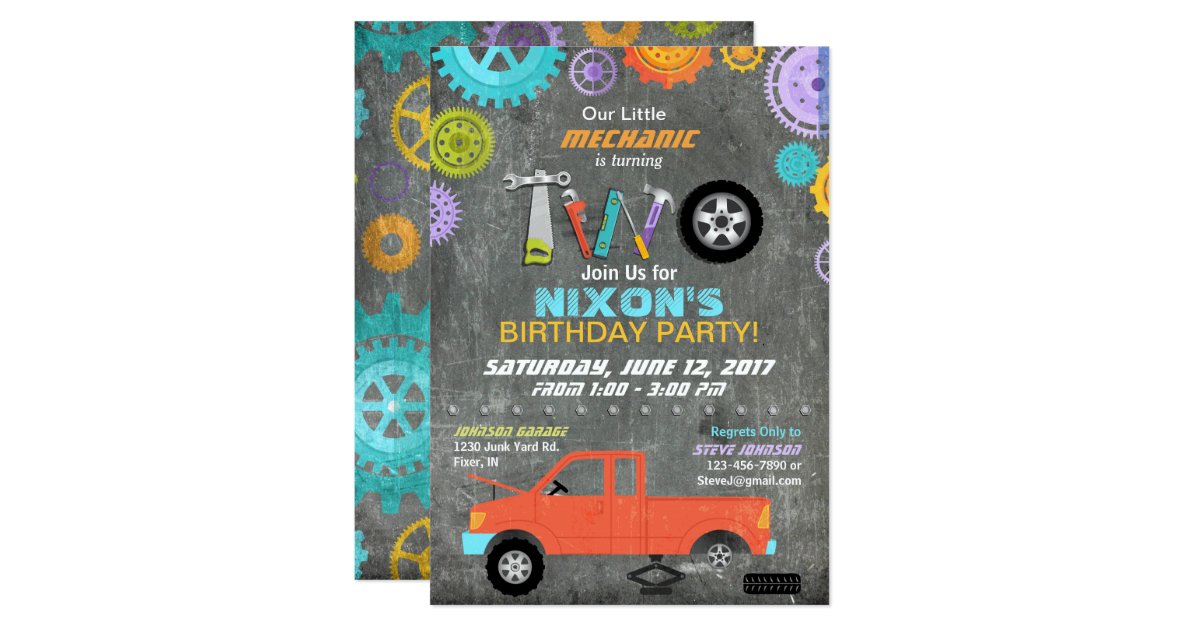 Car Mechanic Gears Tools Chalkboard Birthday Invitation | Zazzle.com