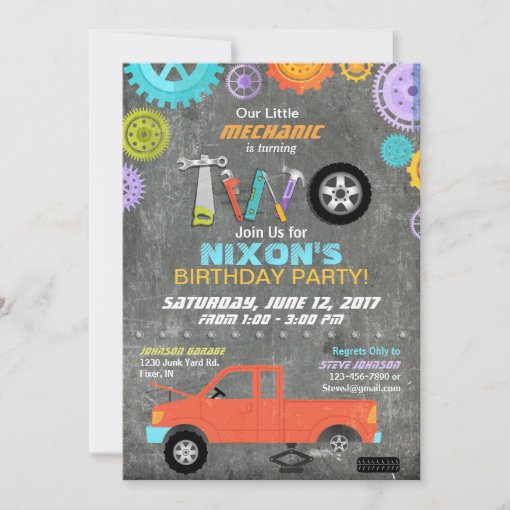 Car Mechanic Gears Tools Chalkboard Birthday Invitation | Zazzle