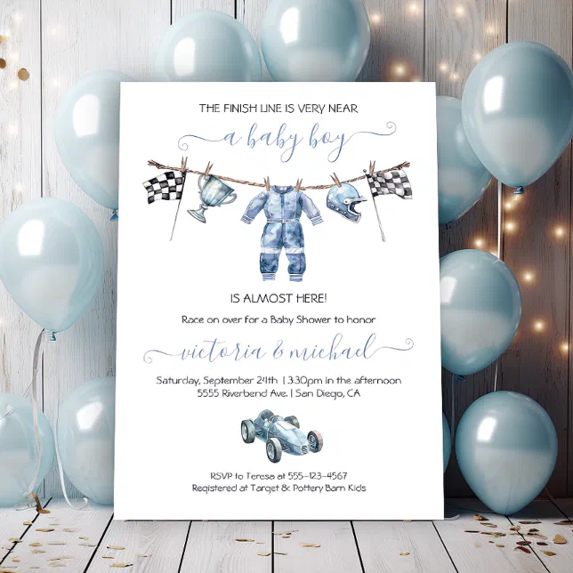 Car Racing Boy Clothesline Baby Shower Invitation | Zazzle