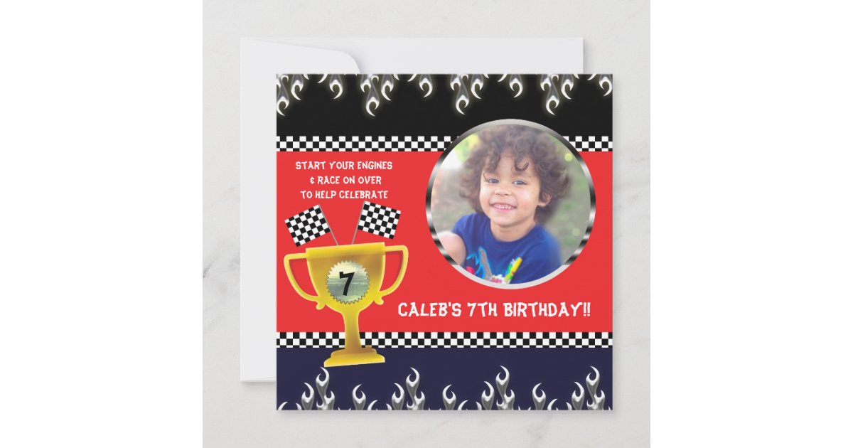 Car Racing Trophy Birthday Party Photo Invitations | Zazzle