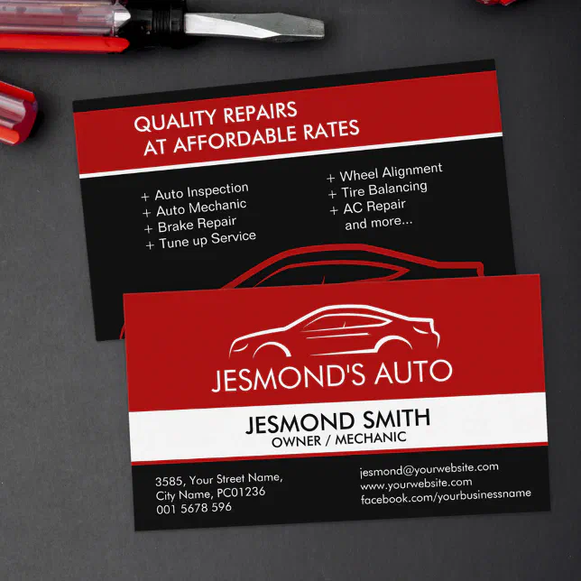 Car Silhouette - Mechanic Auto Repair Red Business Card | Zazzle