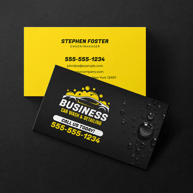 Car Wash Mobile Detailing Water Drop Black Yellow Business Card | Zazzle