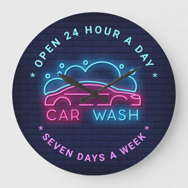 Car Wash Neon Look Custom Text Large Clock | Zazzle