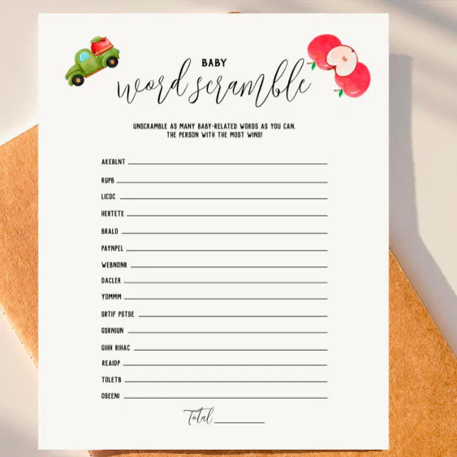 Caramel Apple Red Baby Shower Word Scramble Game | Zazzle