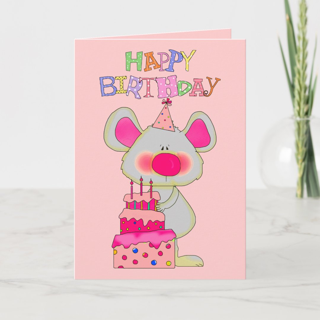 Card Kid's Girls Happy Birthday Mouse Cake | Zazzle