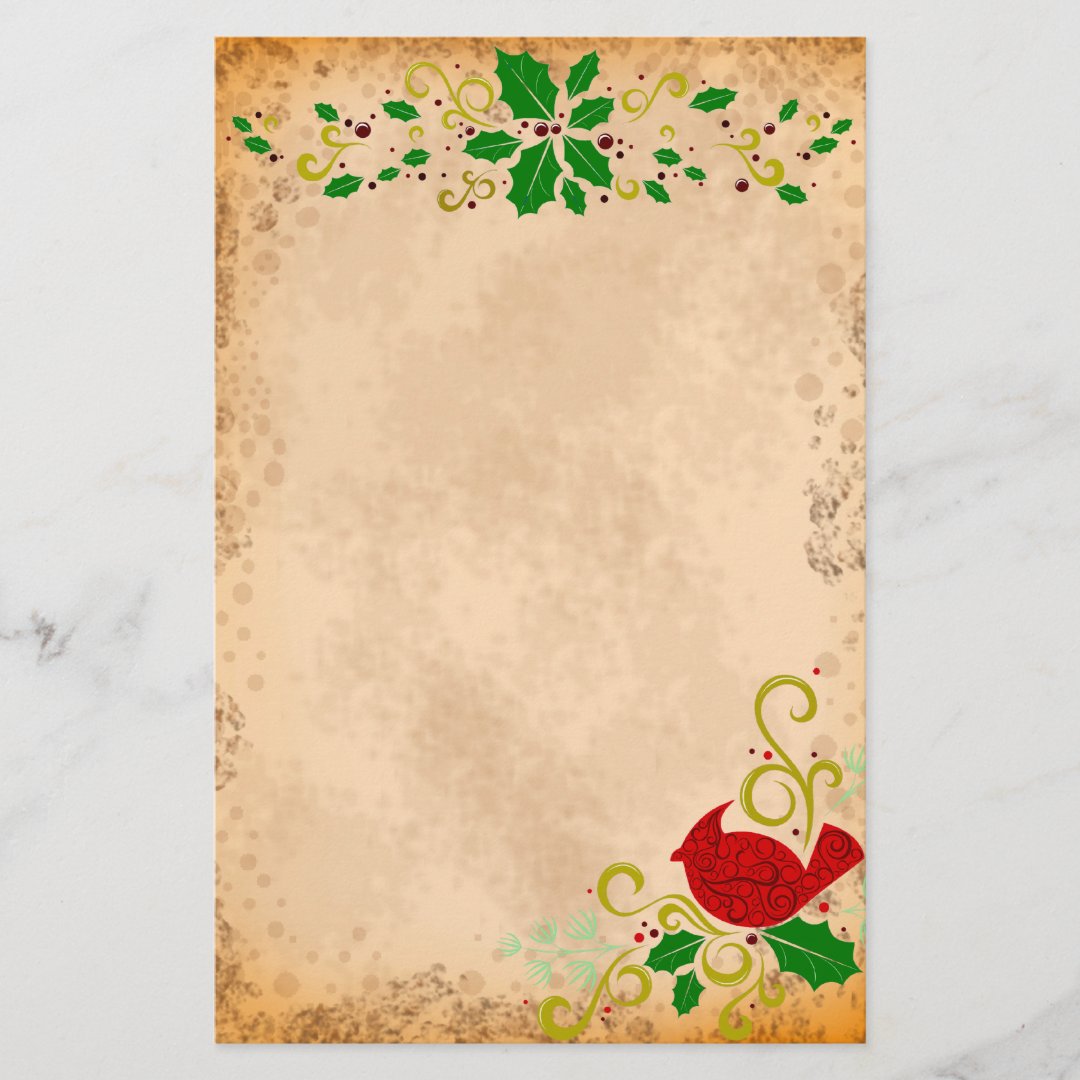 Cardinal and Holly Parchment Stationery | Zazzle