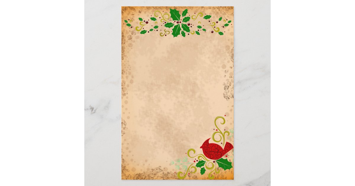 Cardinal and Holly Parchment Stationery | Zazzle