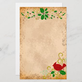 Cardinal and Holly Parchment Stationery | Zazzle