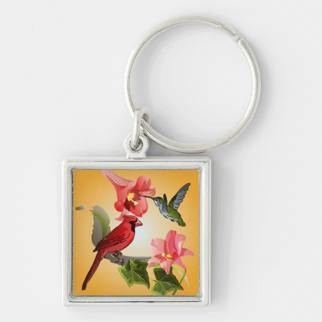 Cardinal and Hummingbird with Pink Lilies and Ivy Keychain | Zazzle