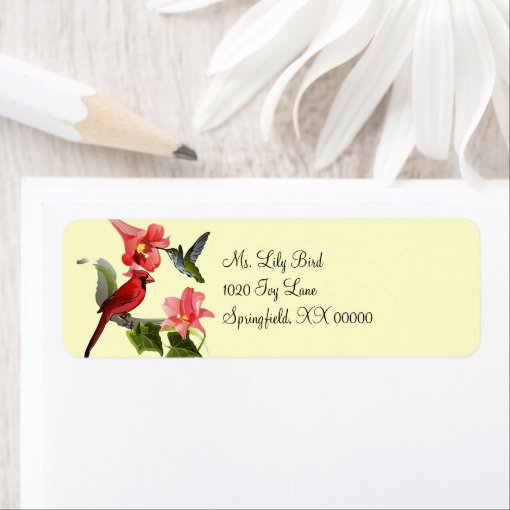 Cardinal and Hummingbird with Pink Lilies and Ivy Label | Zazzle