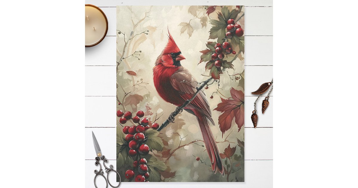 Cardinal and Red Berries Decoupage Tissue Paper | Zazzle
