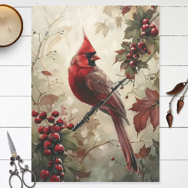Cardinal and Red Berries Decoupage Tissue Paper | Zazzle