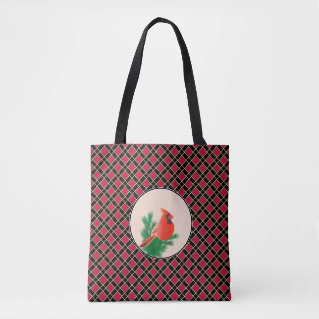 Cardinal bird on black and red checkered tote bag | Zazzle