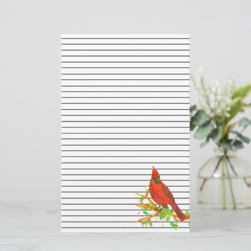 Cardinal Bird Watercolor Black Lined Stationery | Zazzle