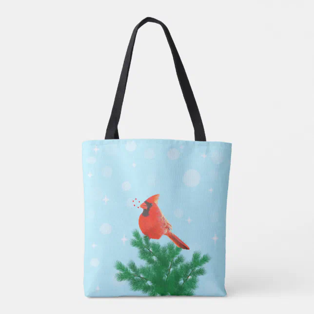 Cardinal bird & wild berries on light blue tote bag | Zazzle