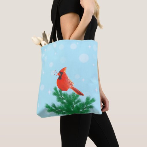Cardinal bird & wild berries on light blue tote bag | Zazzle