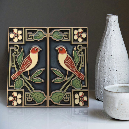 Cardinal Birds Flowers Art Deco Nouveau Wall Decor Ceramic Tile | Zazzle