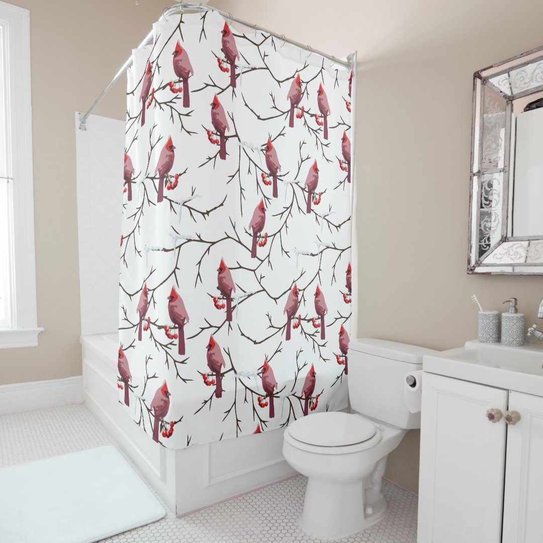 Cardinal Birds, Winter Cherries and Snow Pattern Shower Curtain | Zazzle
