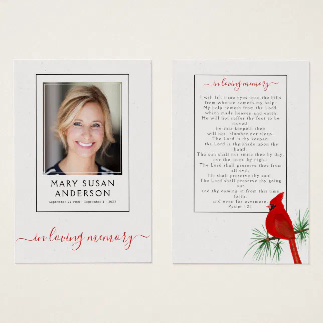 Cardinal Funeral Memorial Photo Prayer Card | Zazzle