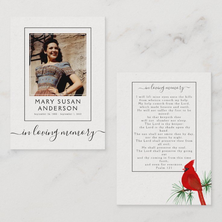 Cardinal Funeral Memorial Photo Prayer Card | Zazzle