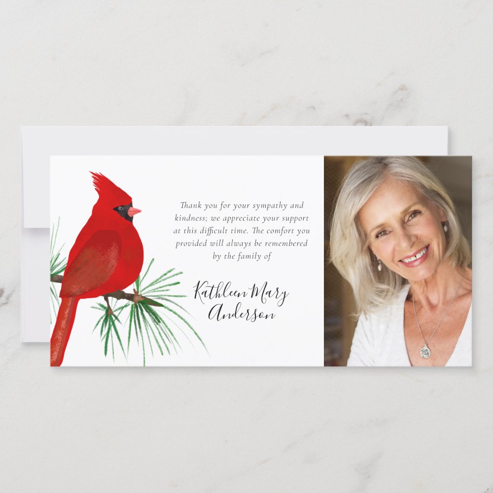 Cardinal Funeral Memorial Photo Thank You Card - Snuggle Hamster Designs