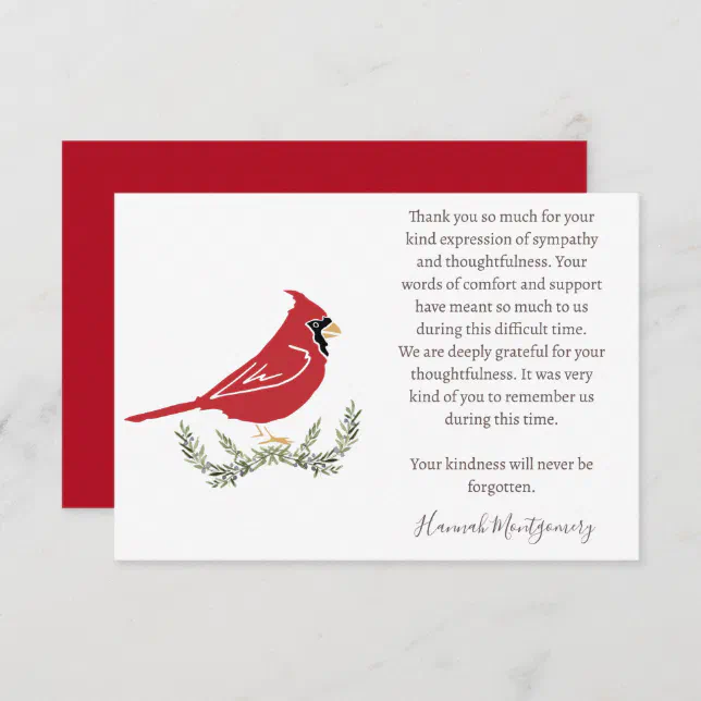 Cardinal Funeral Photo Thank You Card, Sympathy Note Card | Zazzle