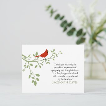 Cardinal Funeral Thank You Note Card Red Bird | Zazzle
