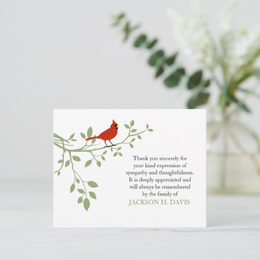 Cardinal Funeral Thank You Note Card Red Bird | Zazzle
