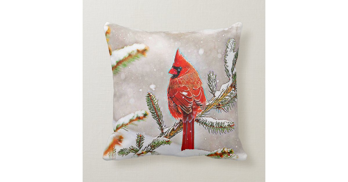 Cardinal in a pine tree throw pillow | Zazzle.com
