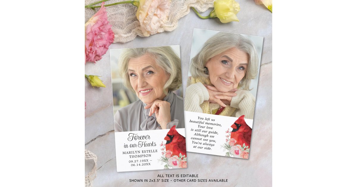Cardinal Memorial 2 Photos Pink Floral Prayer Card | Zazzle
