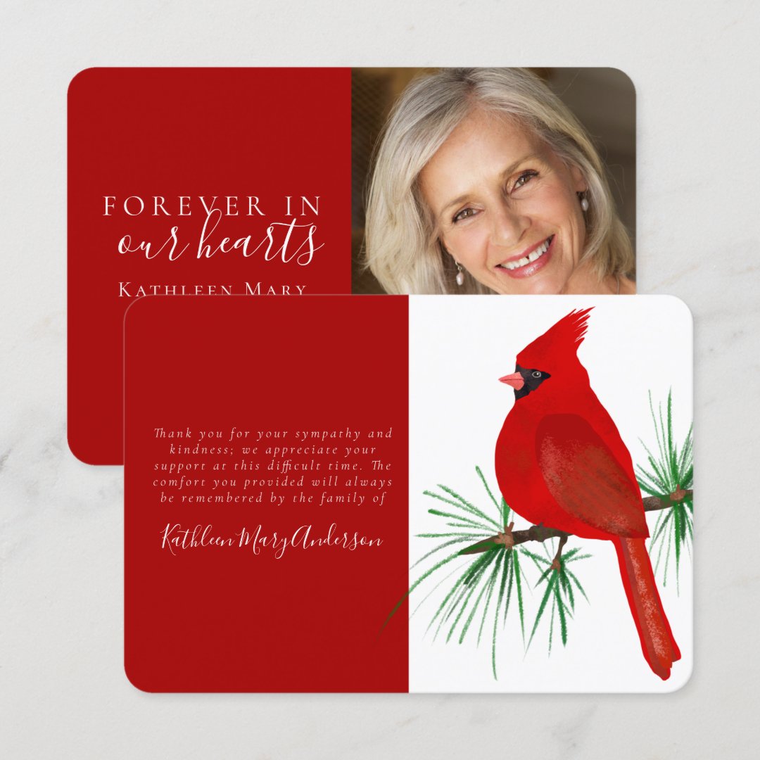 Cardinal Photo Memorial Funeral Thank You Card | Zazzle